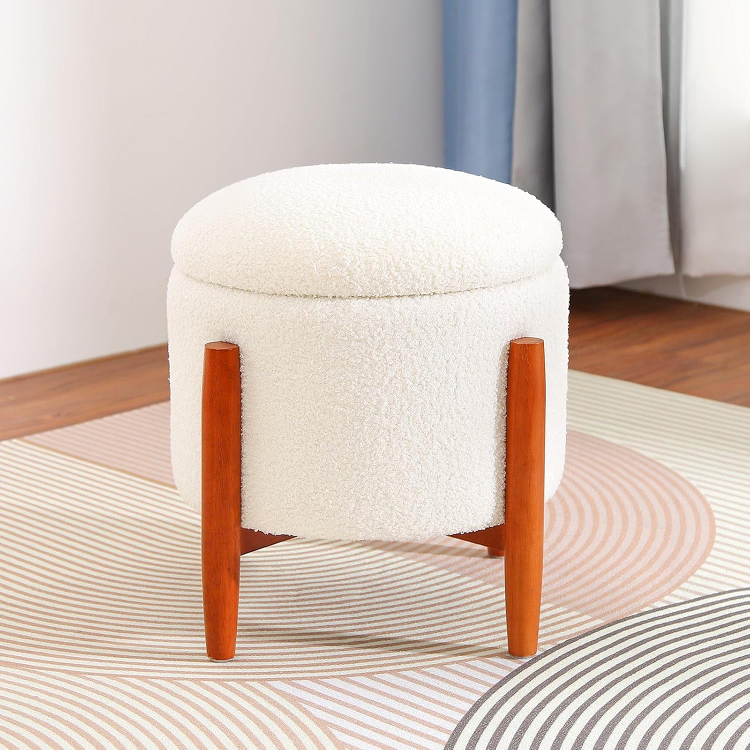 Round Ottoman with Storage, Sherpa Foot Rest for Couch, Small Foot ...