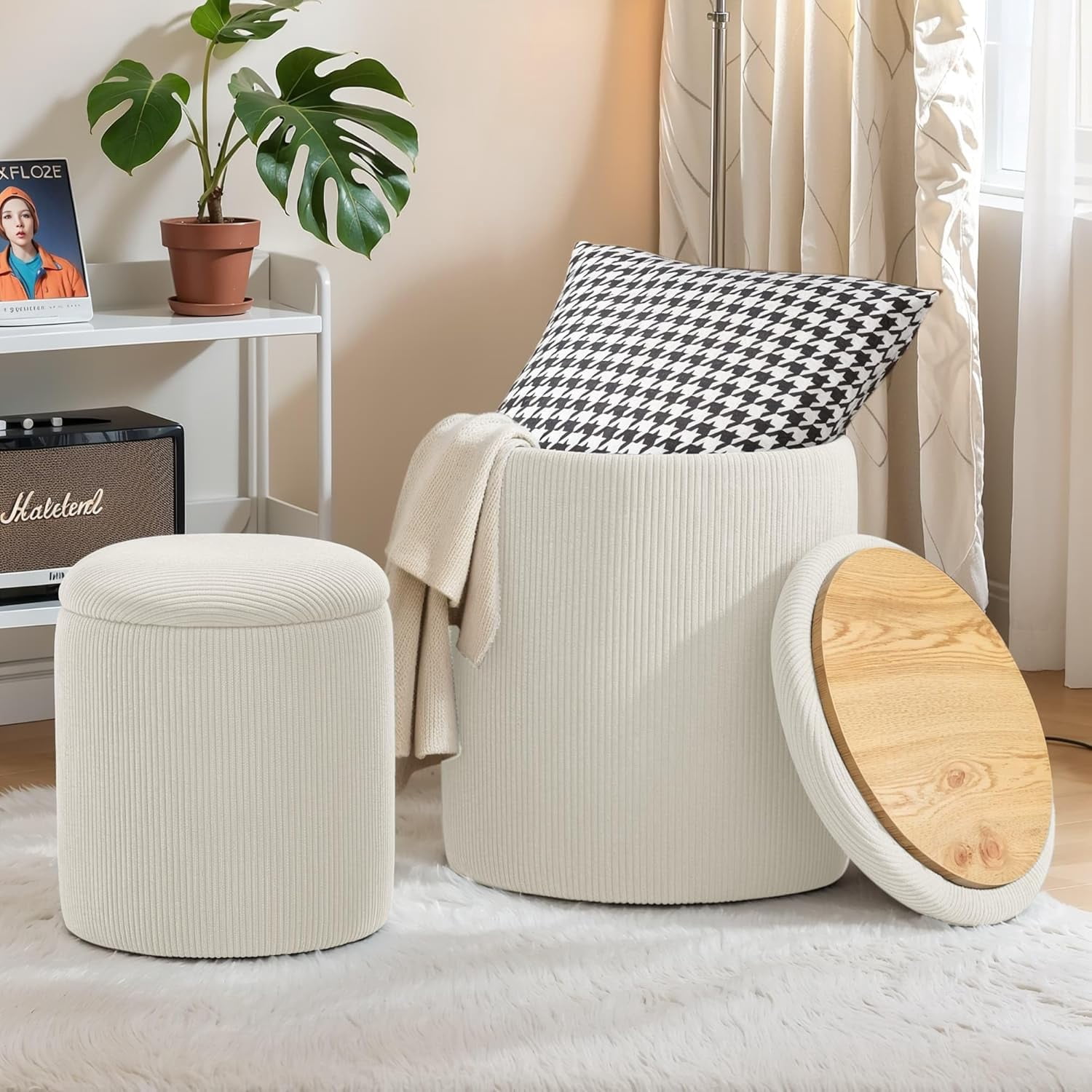 Round Ottoman with Storage, Textured Velvet Storage Ottoman, Foot Stool ...