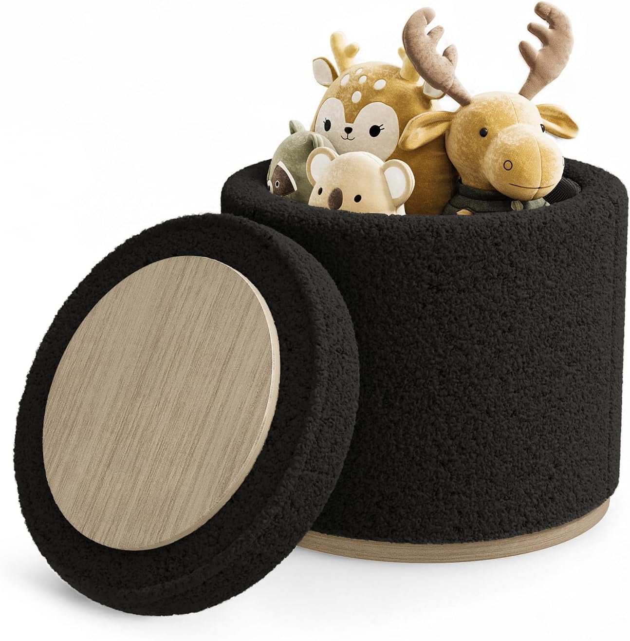 Round Ottoman with Storage and Tray - Upholstered Foot Stool, Vanity ...