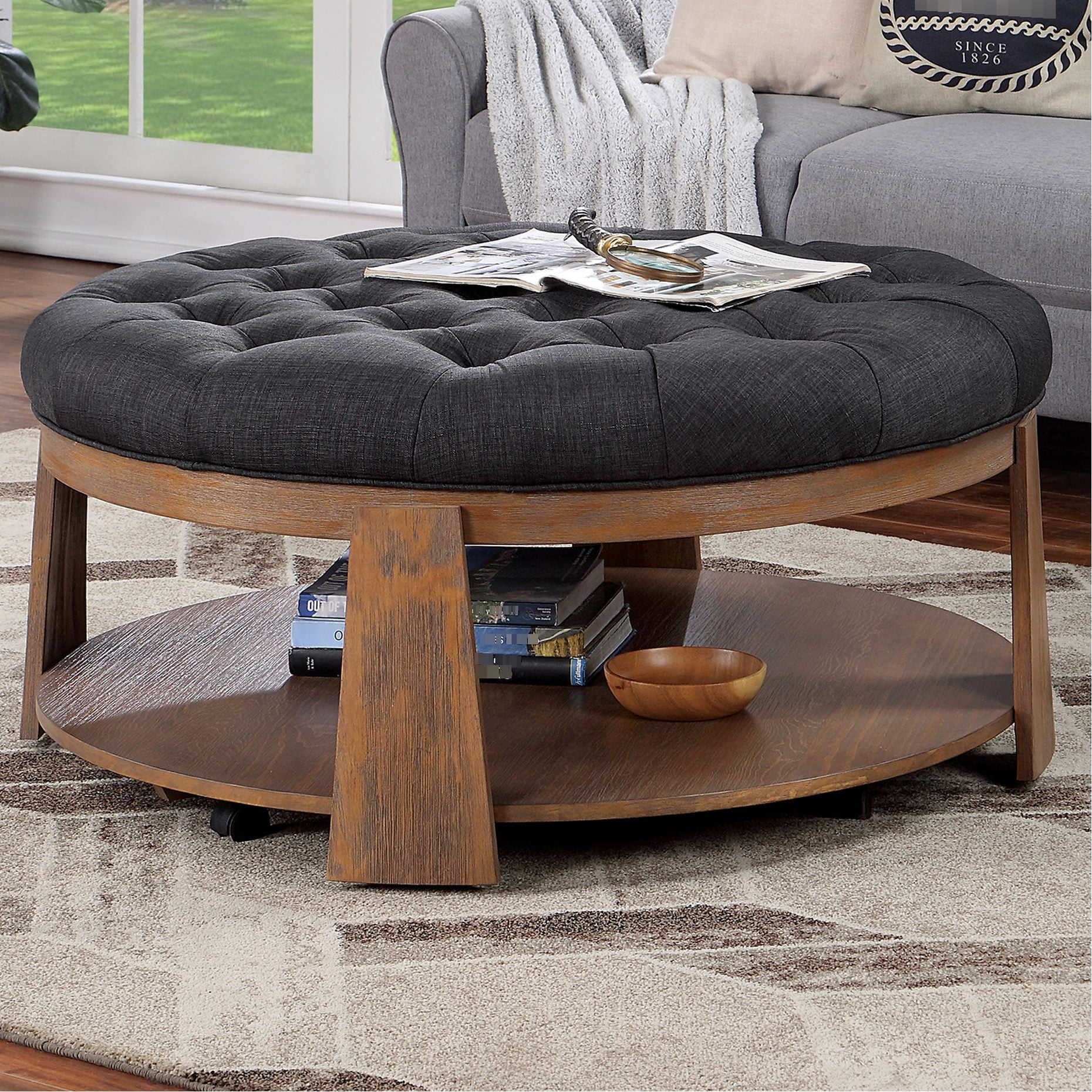 Round Ottoman | Transitional Style for Home Relaxation | Linen - like ...