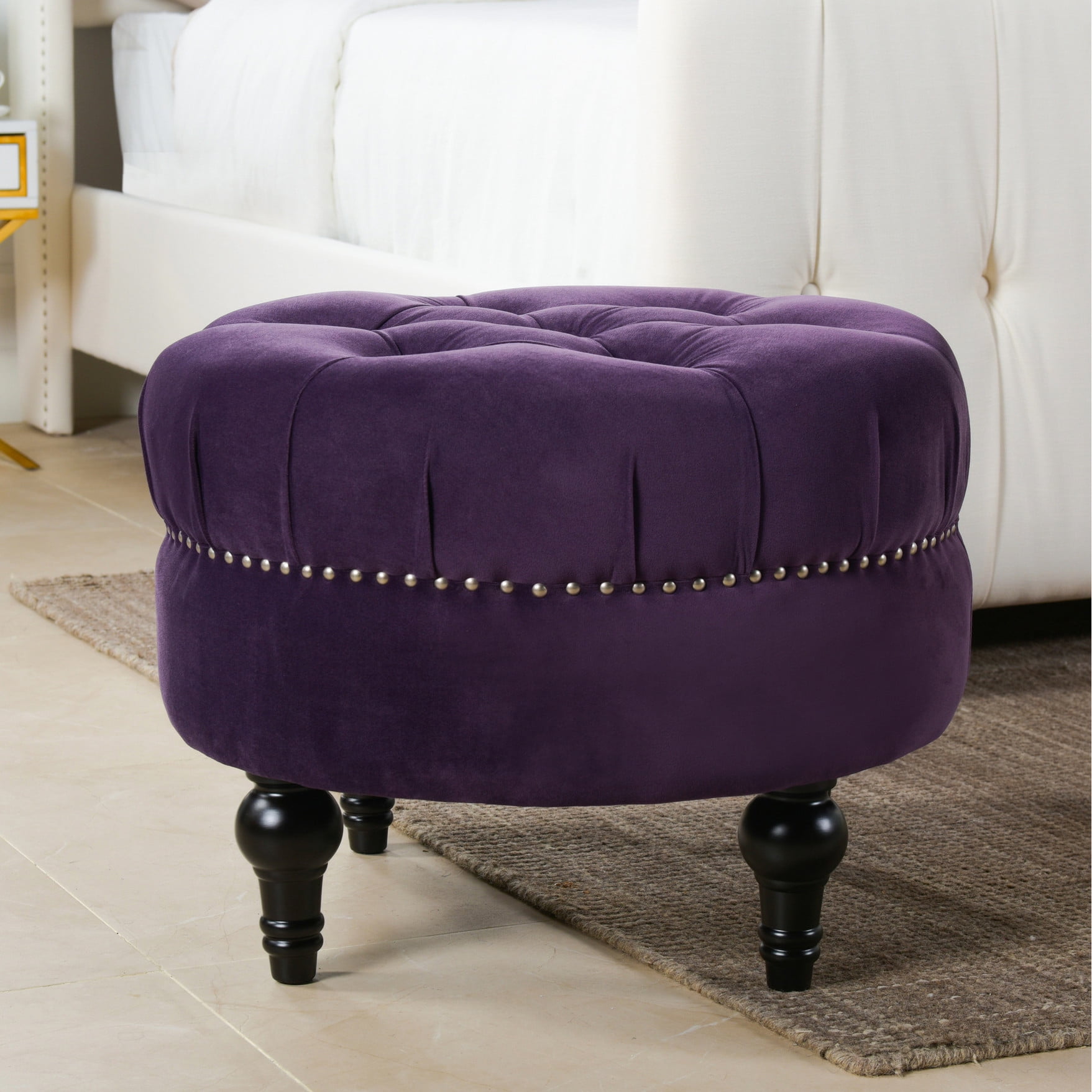 Round Ottoman in Purple Velvet with Tufting and Nail Accents - 11 ...
