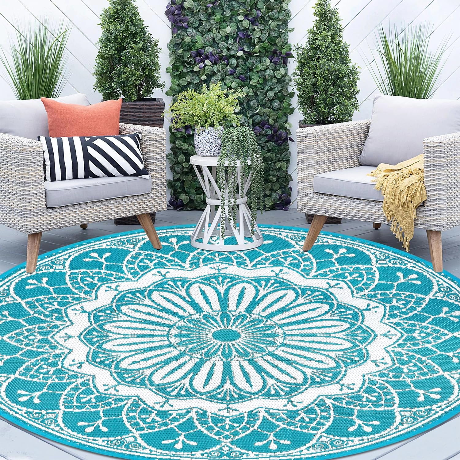Round Outdoor Patio Rugs 8Ft Waterproof Reversible Outdoor Rugs with ...