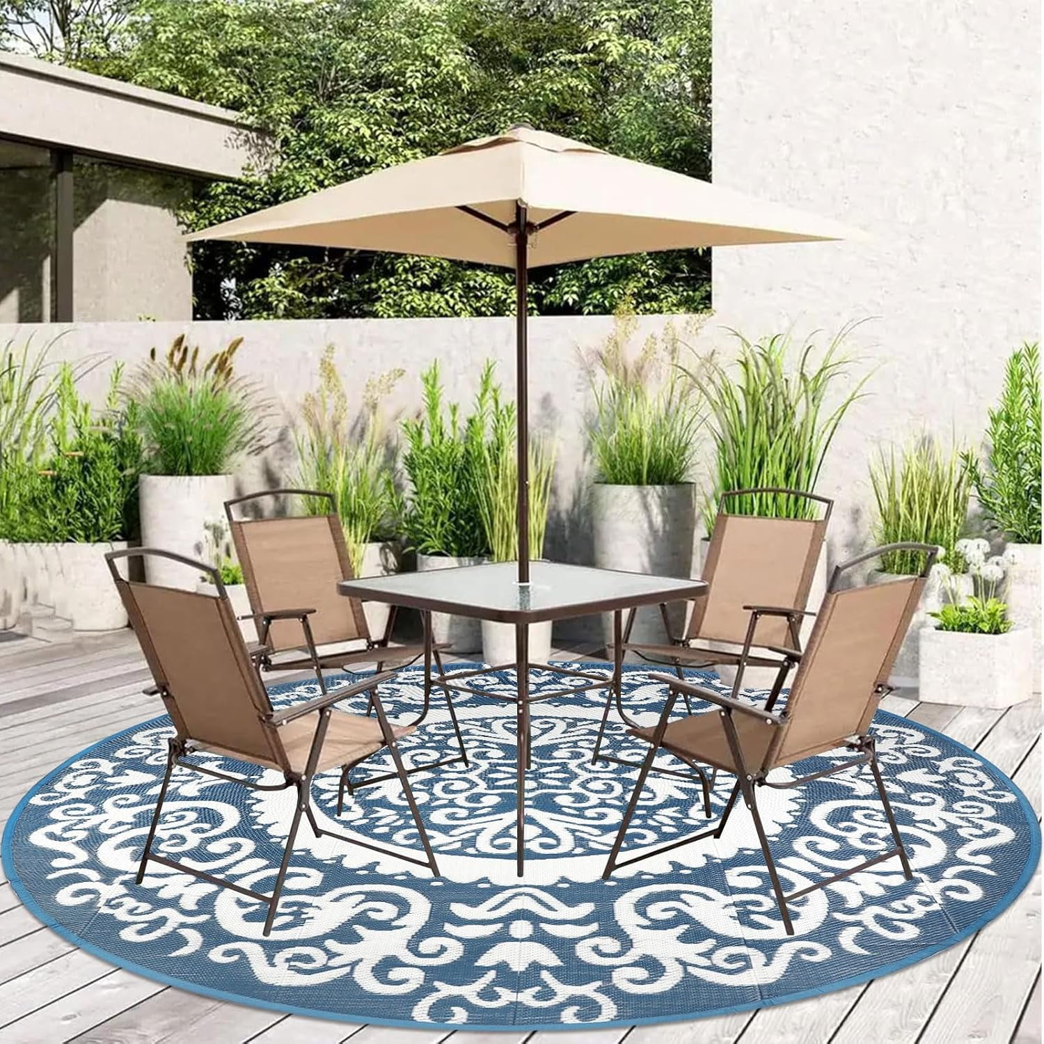 Round Outdoor Rugs 10ft Blue Patio Rugs Clearance Reversible Plastic ...