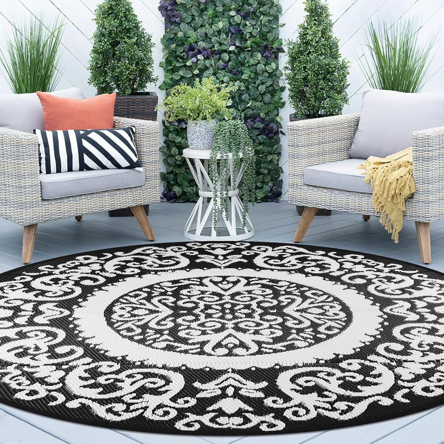 Round Outdoor Rugs 8ft Black Patio Rugs Clearance Reversible Plastic ...