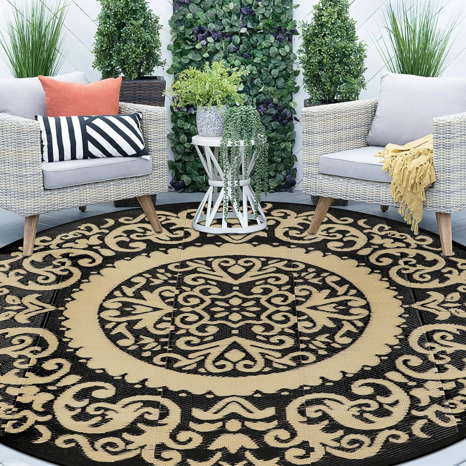 Round Outdoor Rugs 8ft Brown Patio Rugs Clearance Reversible Plastic ...