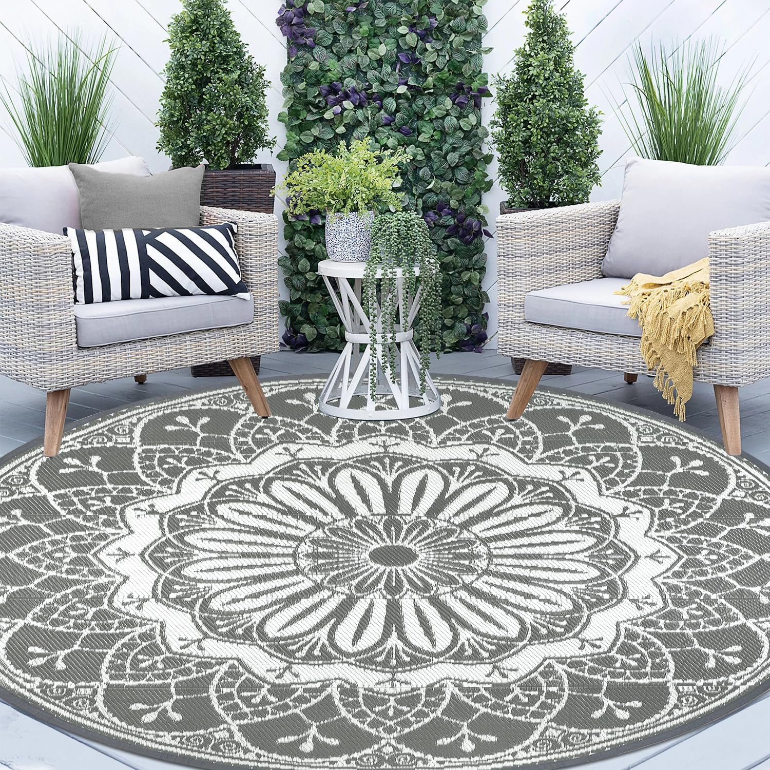 Round Outdoor Rugs for Patio 8Ft Waterproof Reversible Outdoor Patio ...