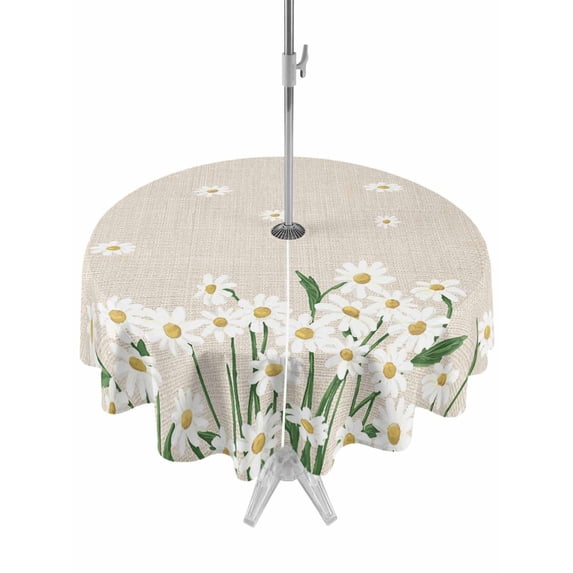 Round Outdoor Tablecloth with Umbrella Hole and Zipper, Spring White ...