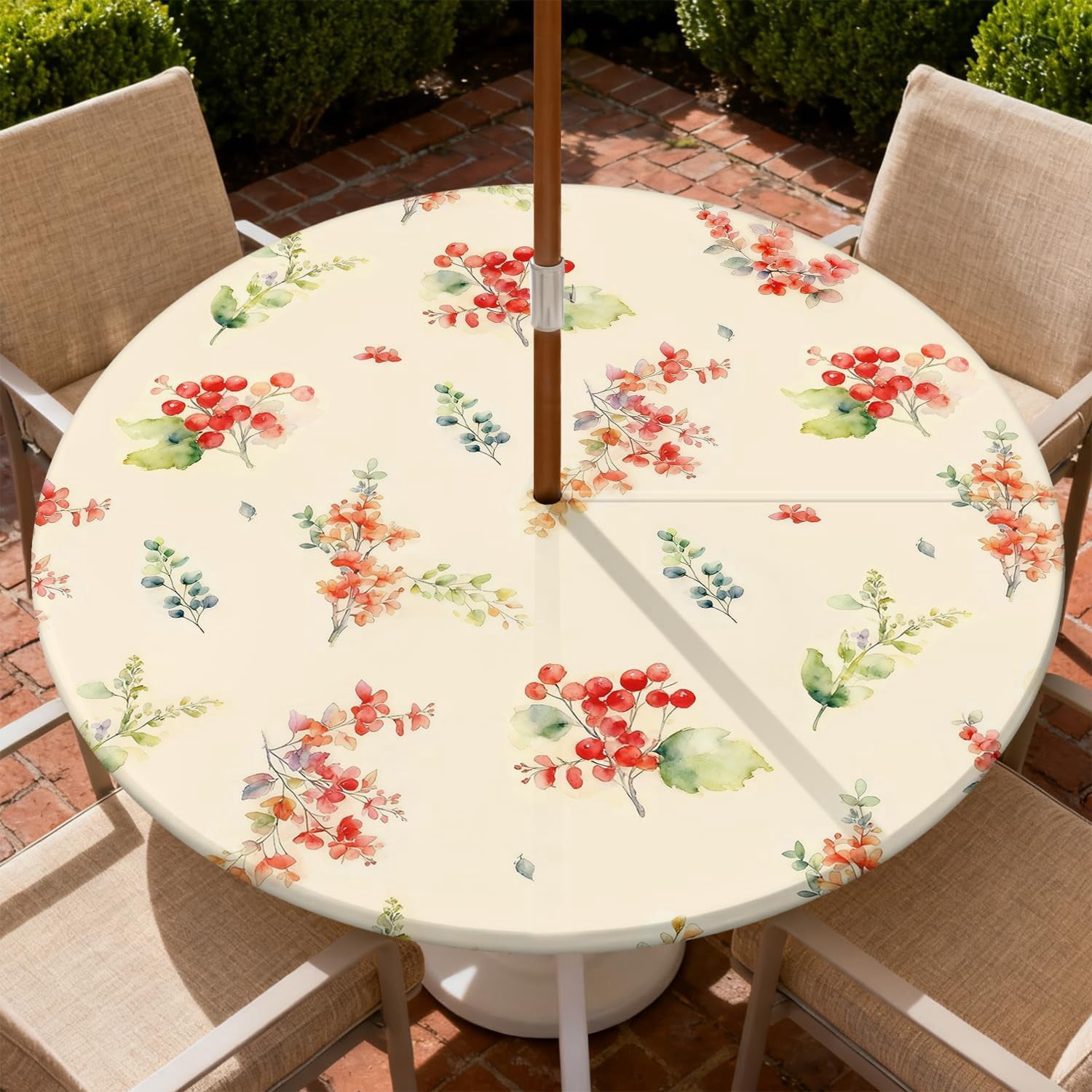 Round Outdoor Tablecloth with Zipper and Umbrella Hole, Fitted Table ...