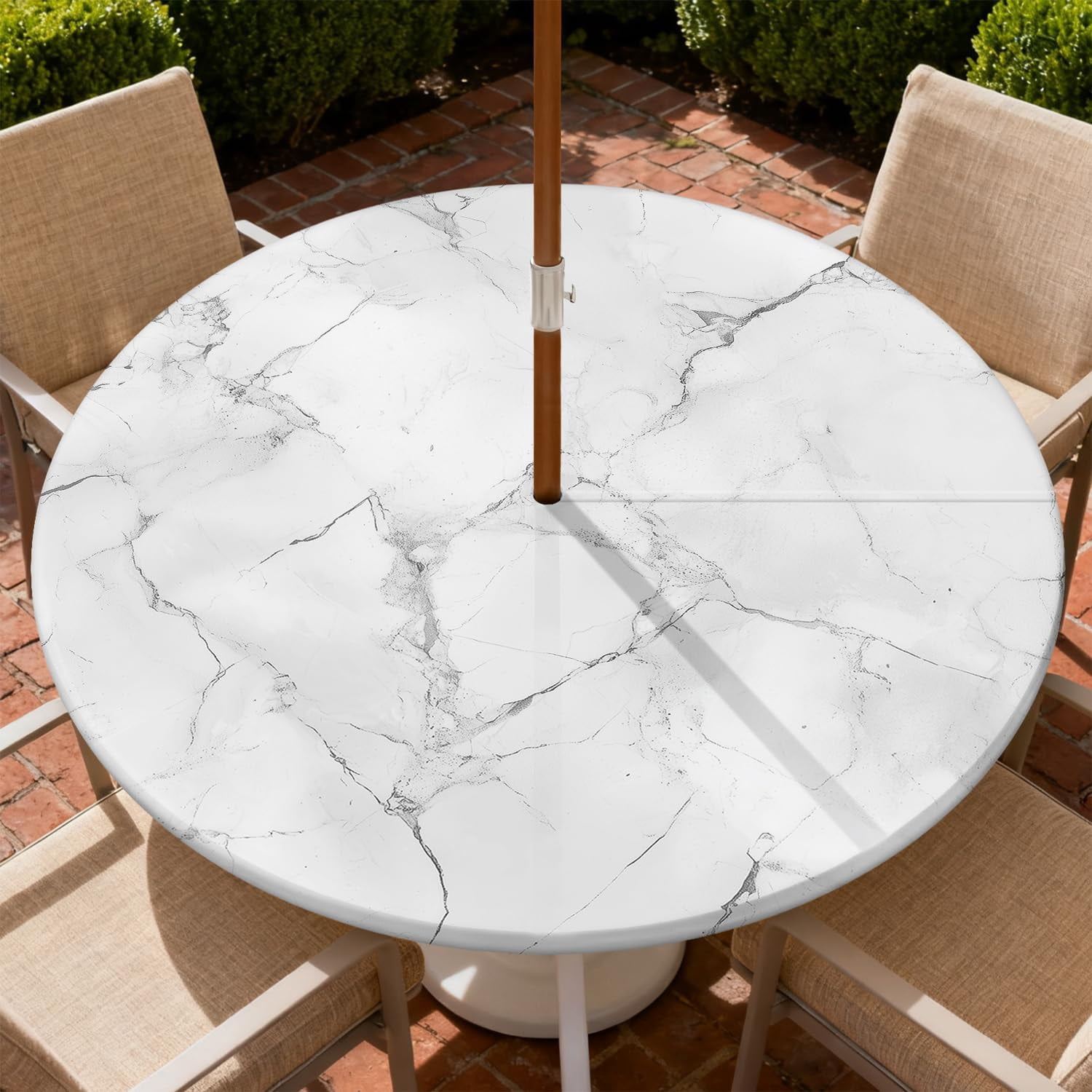 Round Outdoor Tablecloth with Zipper and Umbrella Hole, Fitted Table ...