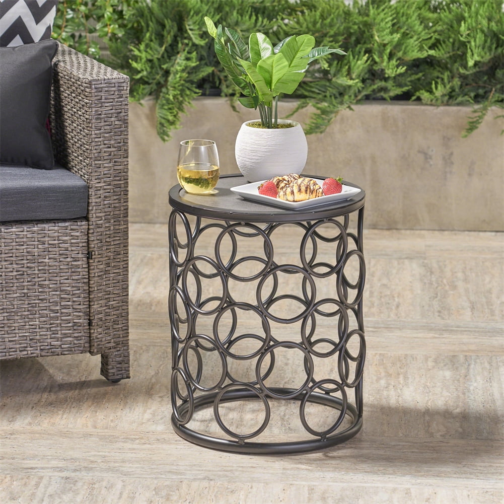 Round Patio Outdoor Indoor Lace Cut Side Table, Patio Garden Table with Lightweight Mesh Metal ...