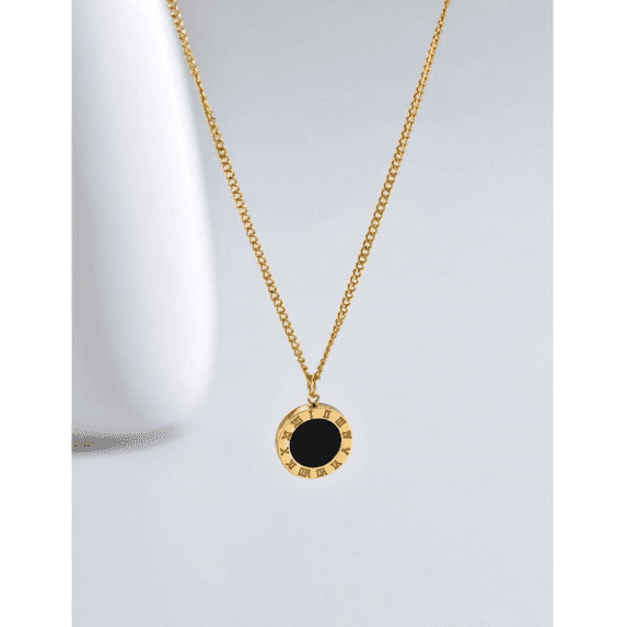 Round Pendant, Black, Acrylic, Roman Numerals Necklace, Gold Tone ...
