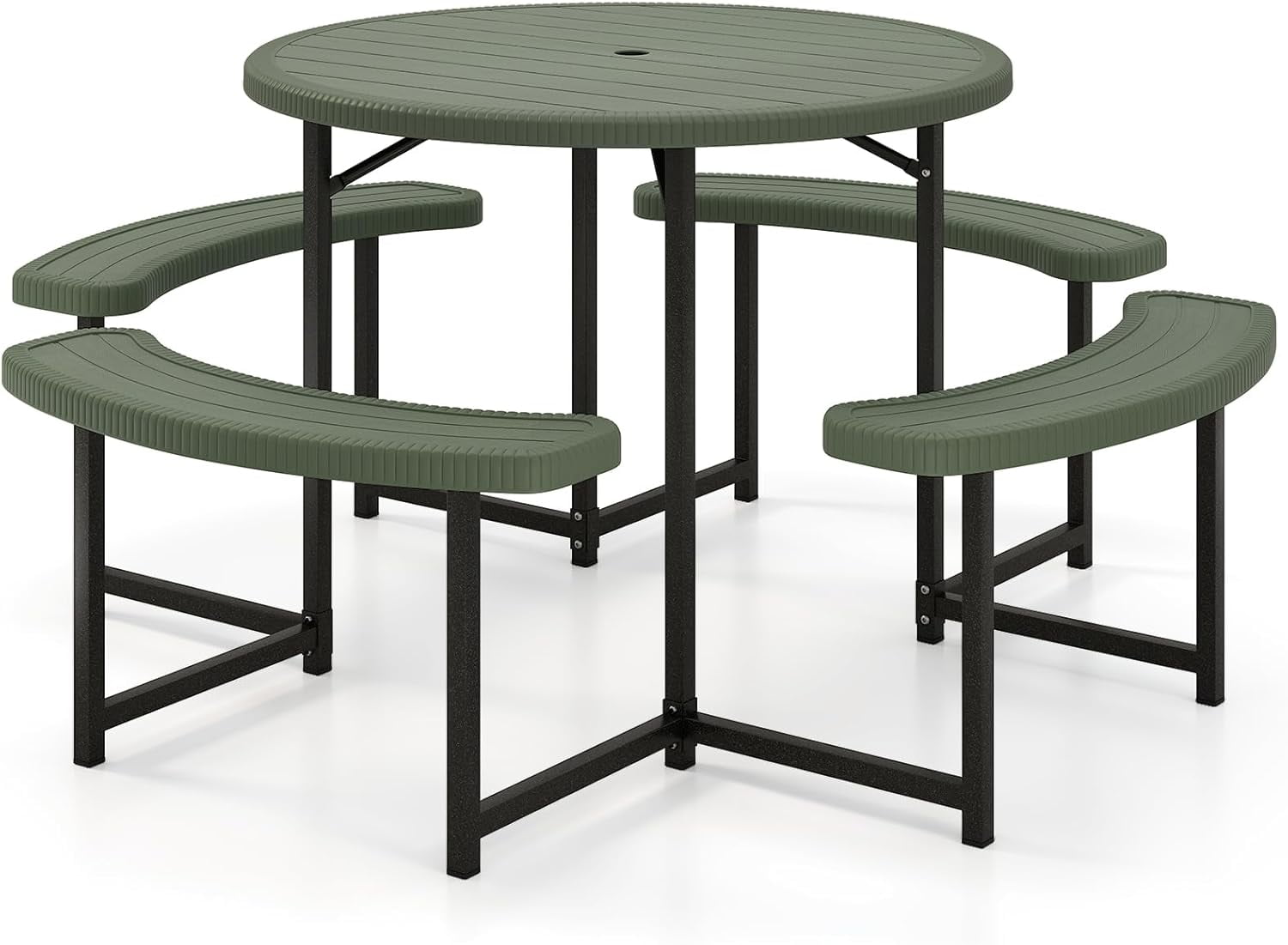 Round Picnic Table with 4 Built-in Benches, Umbrella Hole & Metal Frame ...