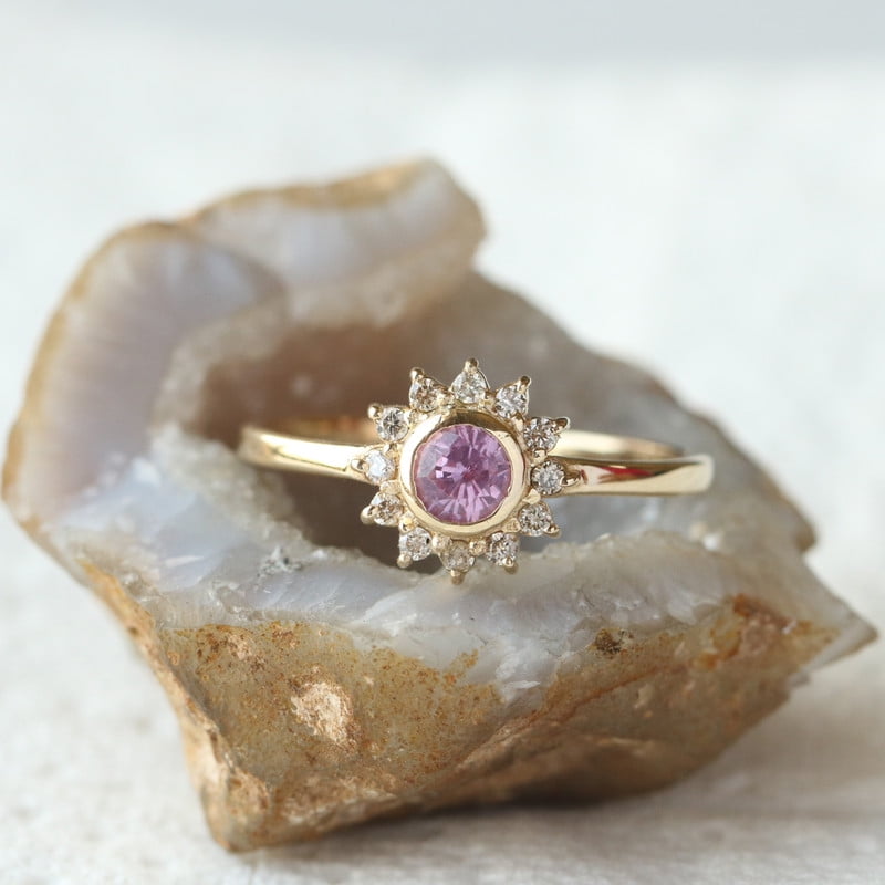 Round Pink Sapphire Halo Ring, 925 Sterling Silver Floral Ring ...