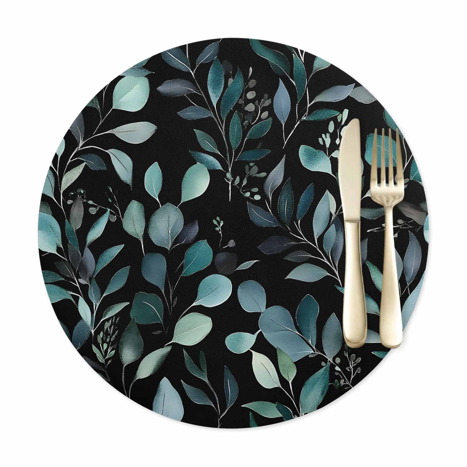 Round Placemats Set of 1, Vintage Eucalyptus Leaves Faux Leather ...