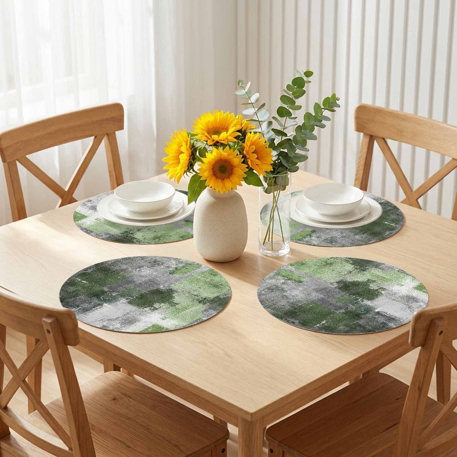 Round Placemats Set of 4, Abstract Sage Green Grey Faux Leather ...
