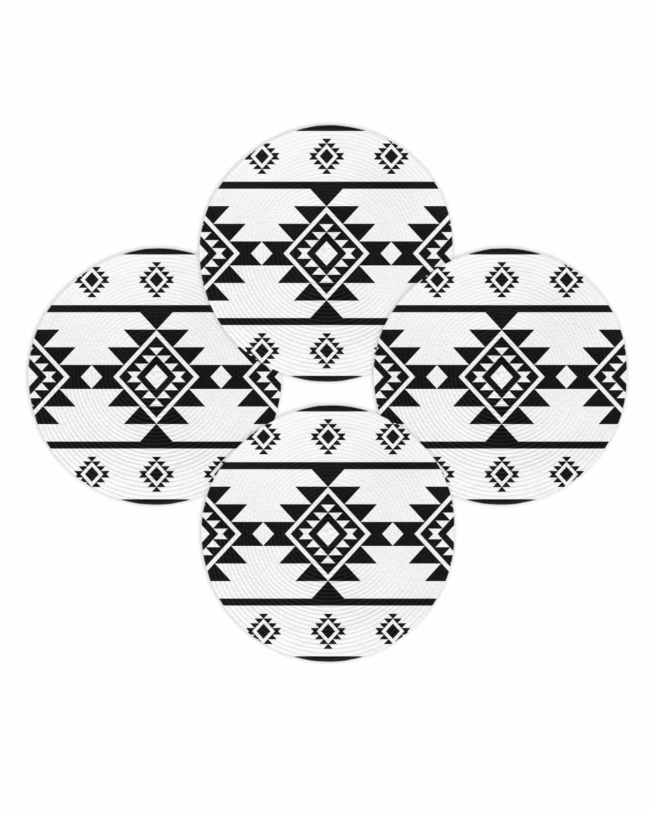 Round Placemats Set of 4 Black White Aztec Place Mats Washable Woven ...