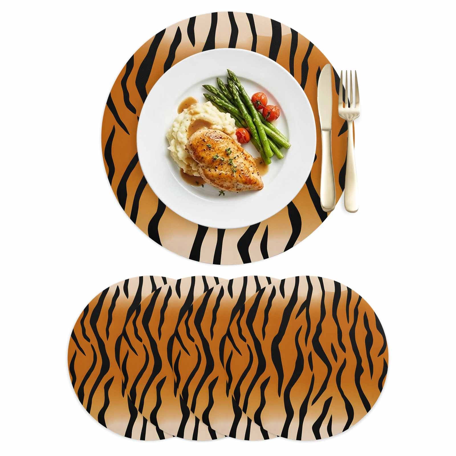 Round Placemats Set of 4, Natural Tiger Skin Texture Faux Leather ...