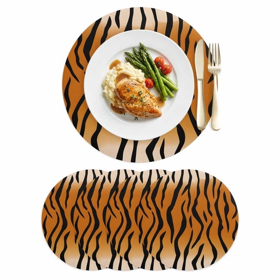 Round Placemats Set of 4, Natural Tiger Skin Texture Faux Leather ...
