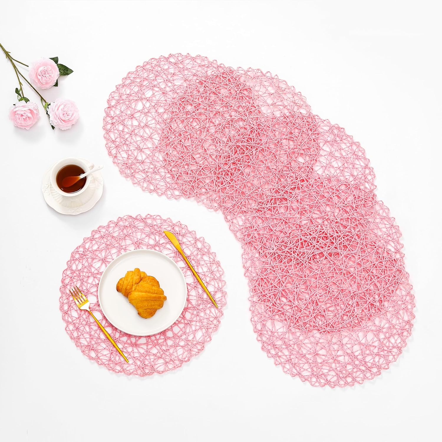 Round Placemats Set of 6 for Dining Table, 15 Inch Paper Woven Boho ...