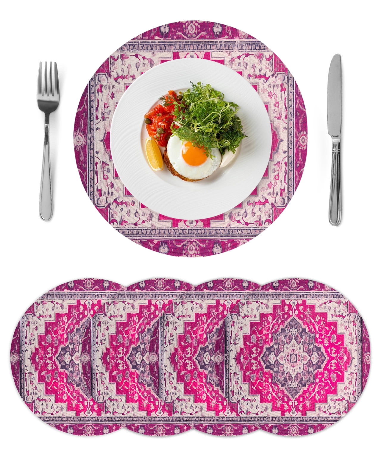 Round Placemats Vintage Pink Ethnic Style 15 inch Set of 4 Table Mats ...