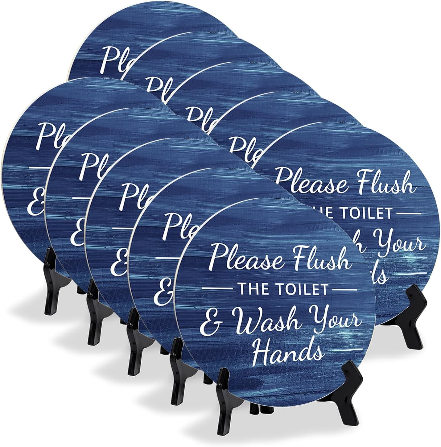 Round Please Flush The Toilet & Wash Your Hands, Washed Blue Wood Color ...