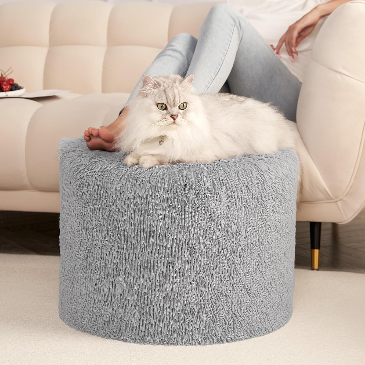 Round Pouf Ottoman Foot Rest, 20 x 15 Small Faux Fur Stuffed for Chair ...