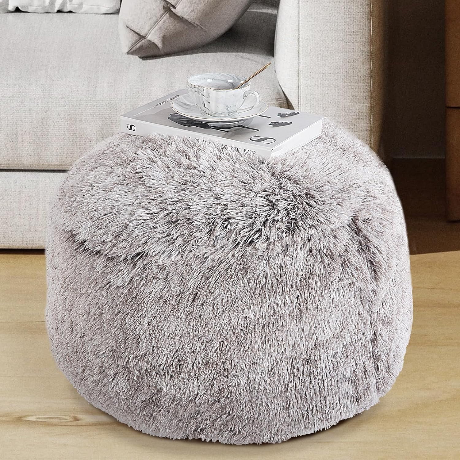 Round Pouf Ottoman Stuffed,Faux Fur Pouf Ottoman with PP Cotton Filling ...
