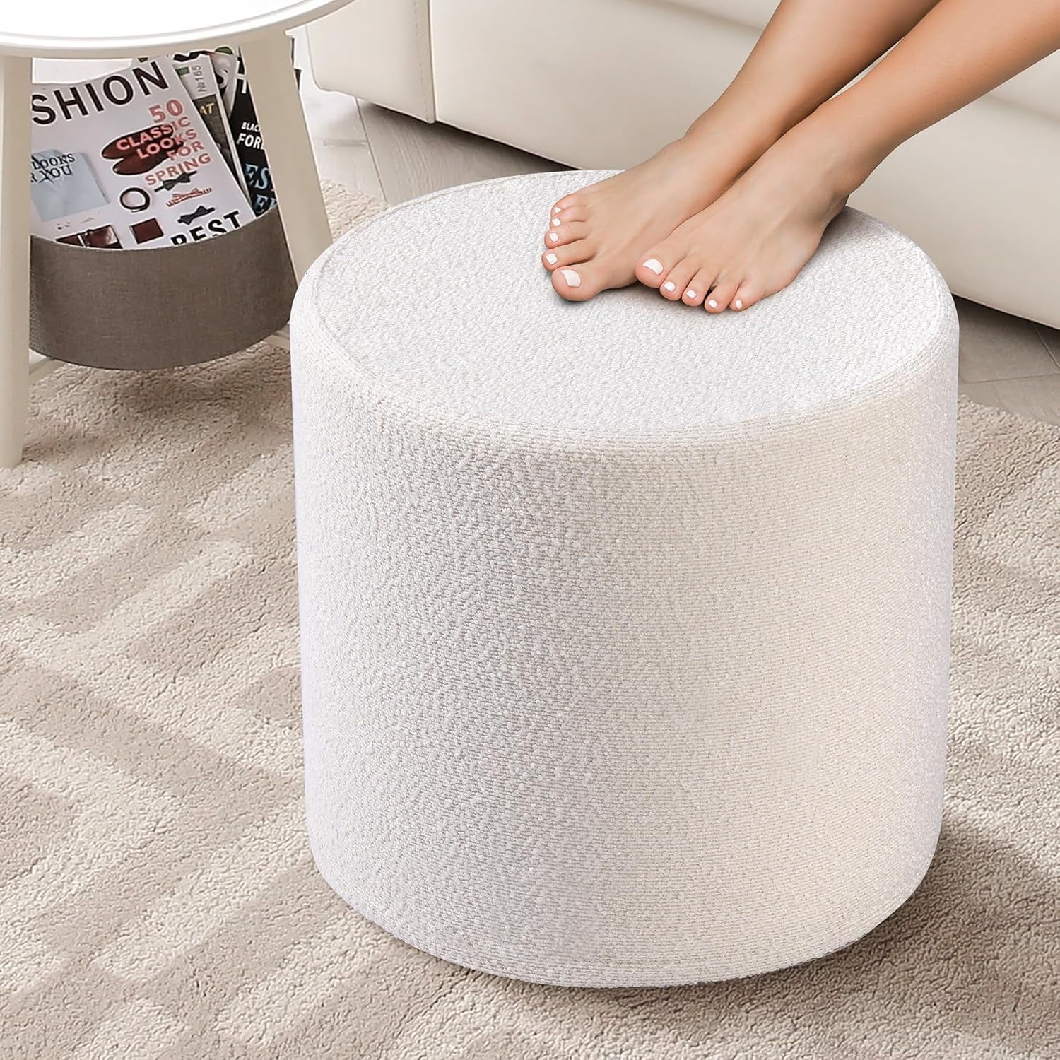 Round Pouf Ottoman and Foot Rest, Soft Boucle Footstool Ottomans for ...
