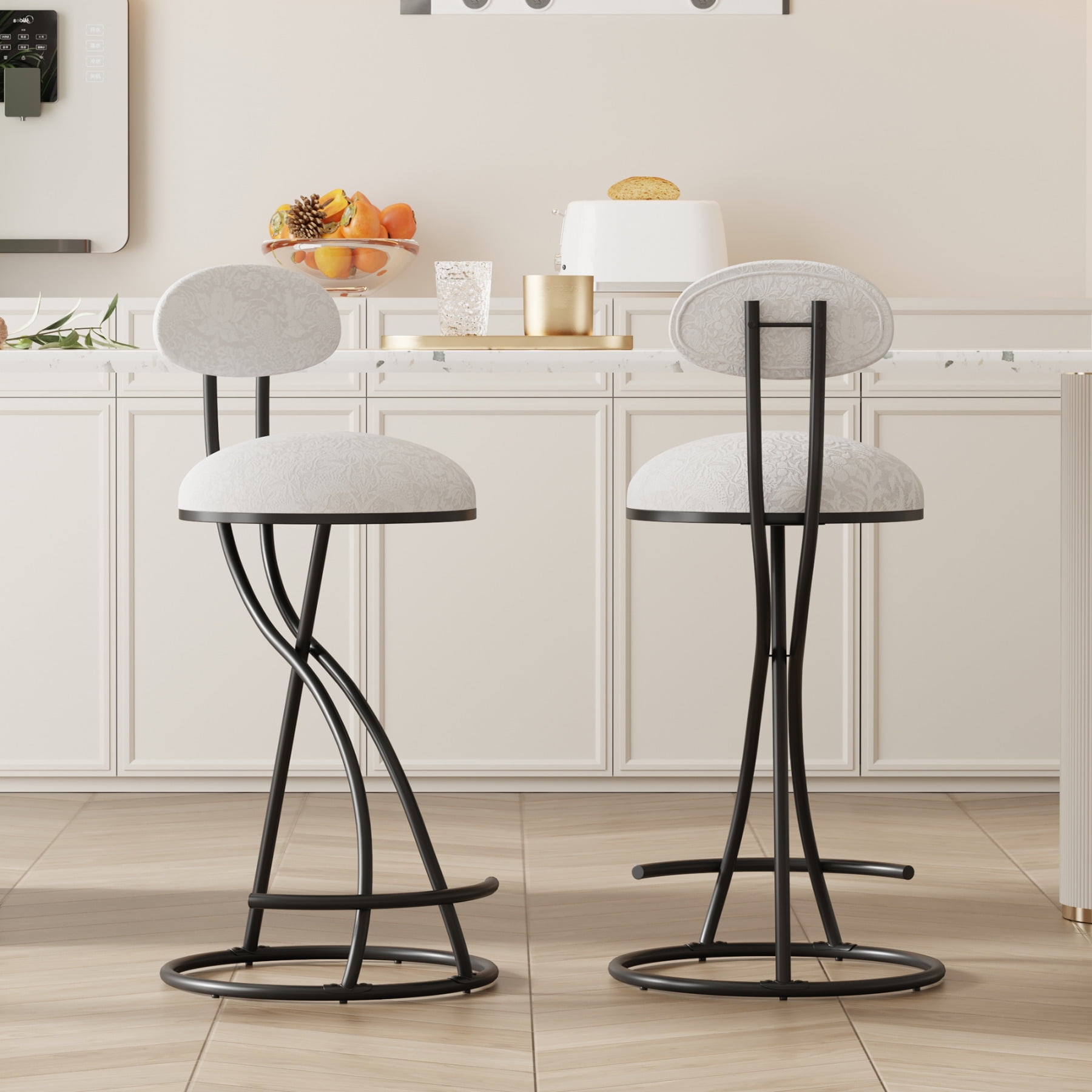 Round Print Bar Stools Set of 2, Bar Height Bar Stools with Back, Mid ...