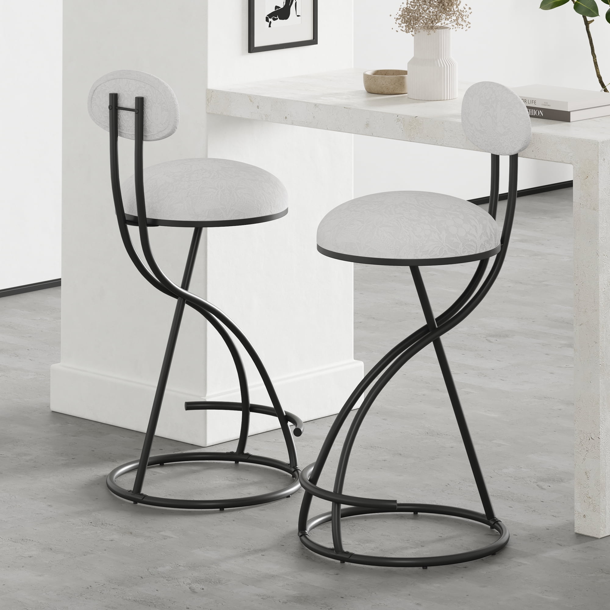Round Print Bar Stools Set of 2 Black Metal Upholstered Chairs for ...