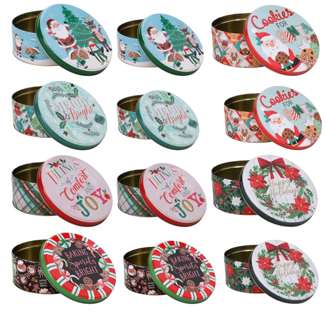 Round Printed Tins with Lids, 2-pc. Set - Festive Holiday Packaging for ...