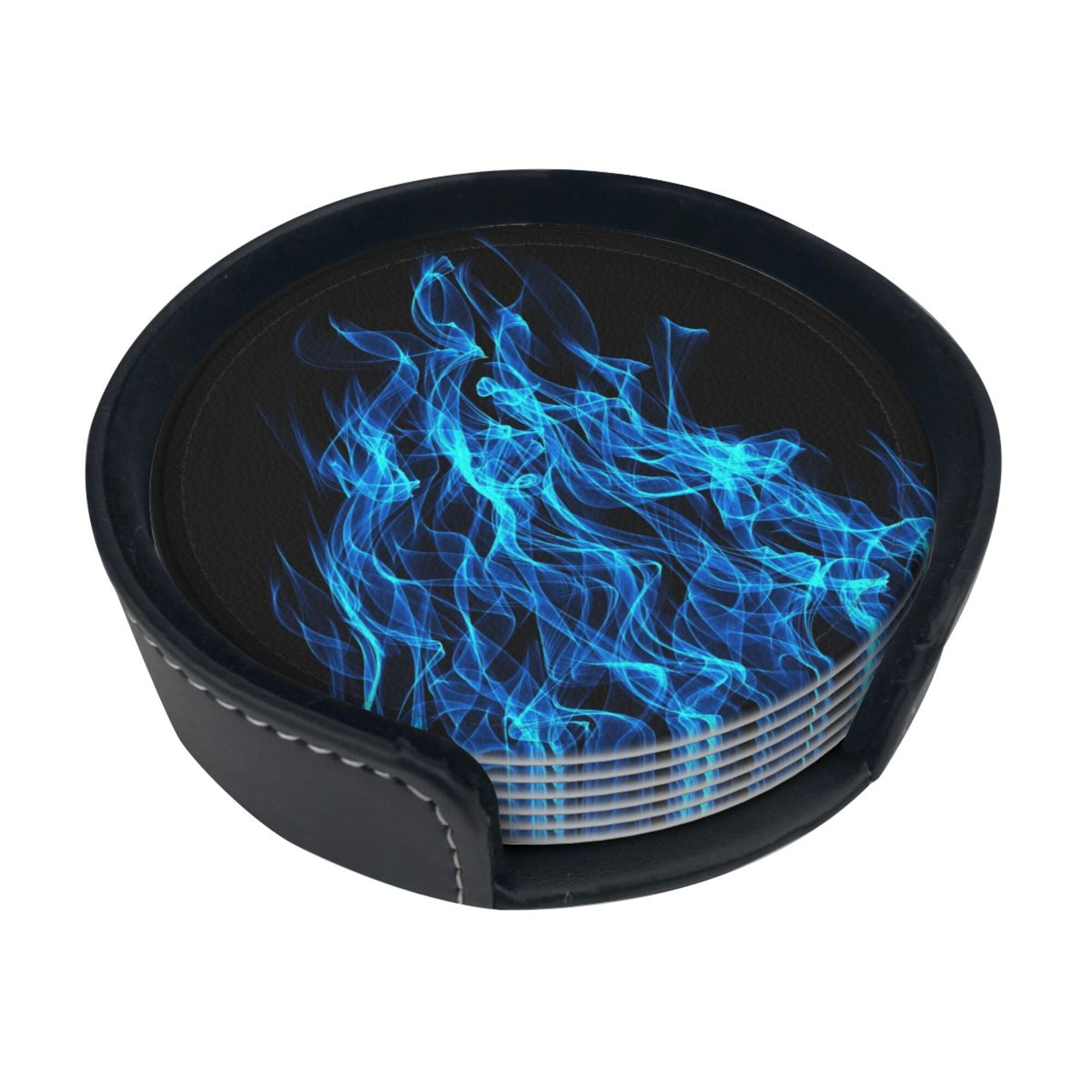 Round Pu Leather Coaster Blue Fire Heat - Resistant Beverage Cup Mat ...