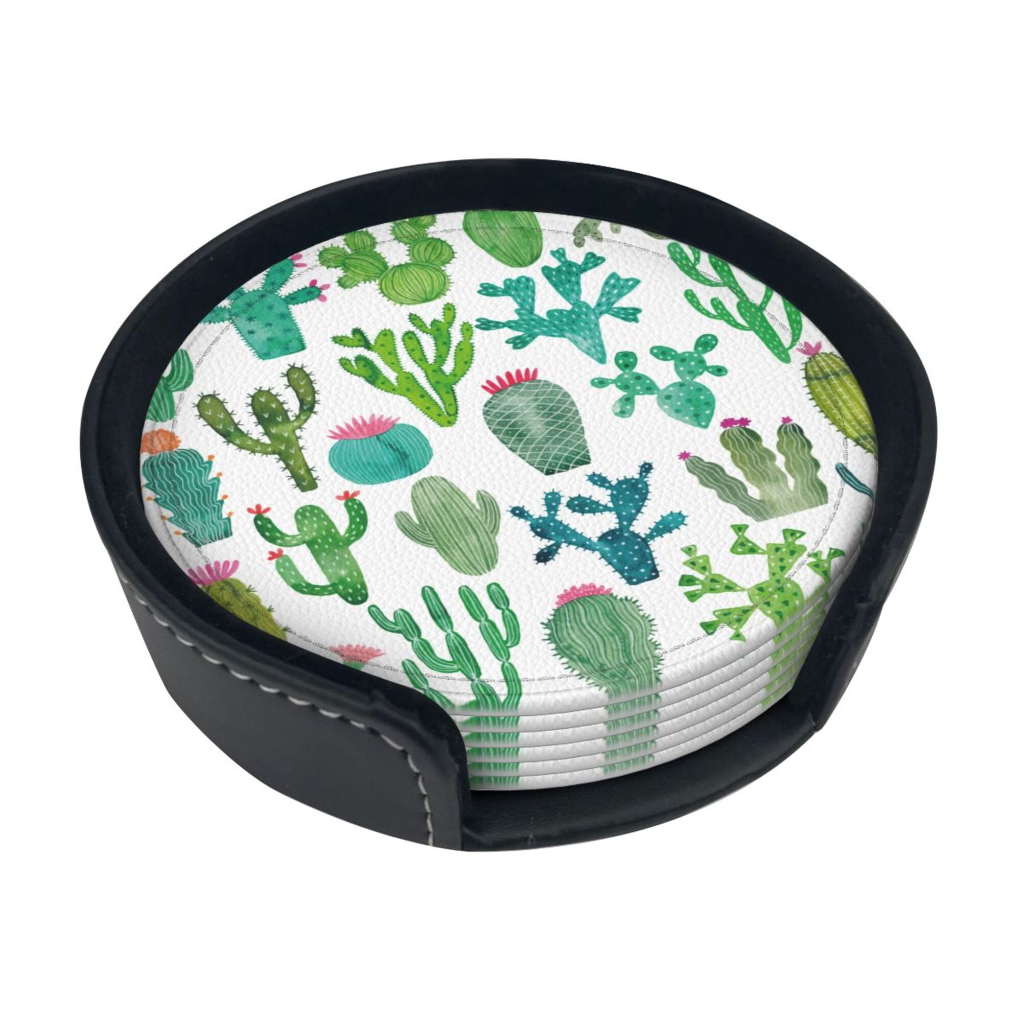 Round Pu Leather Coaster Cactus Pattern Heat - Resistant Beverage Cup ...