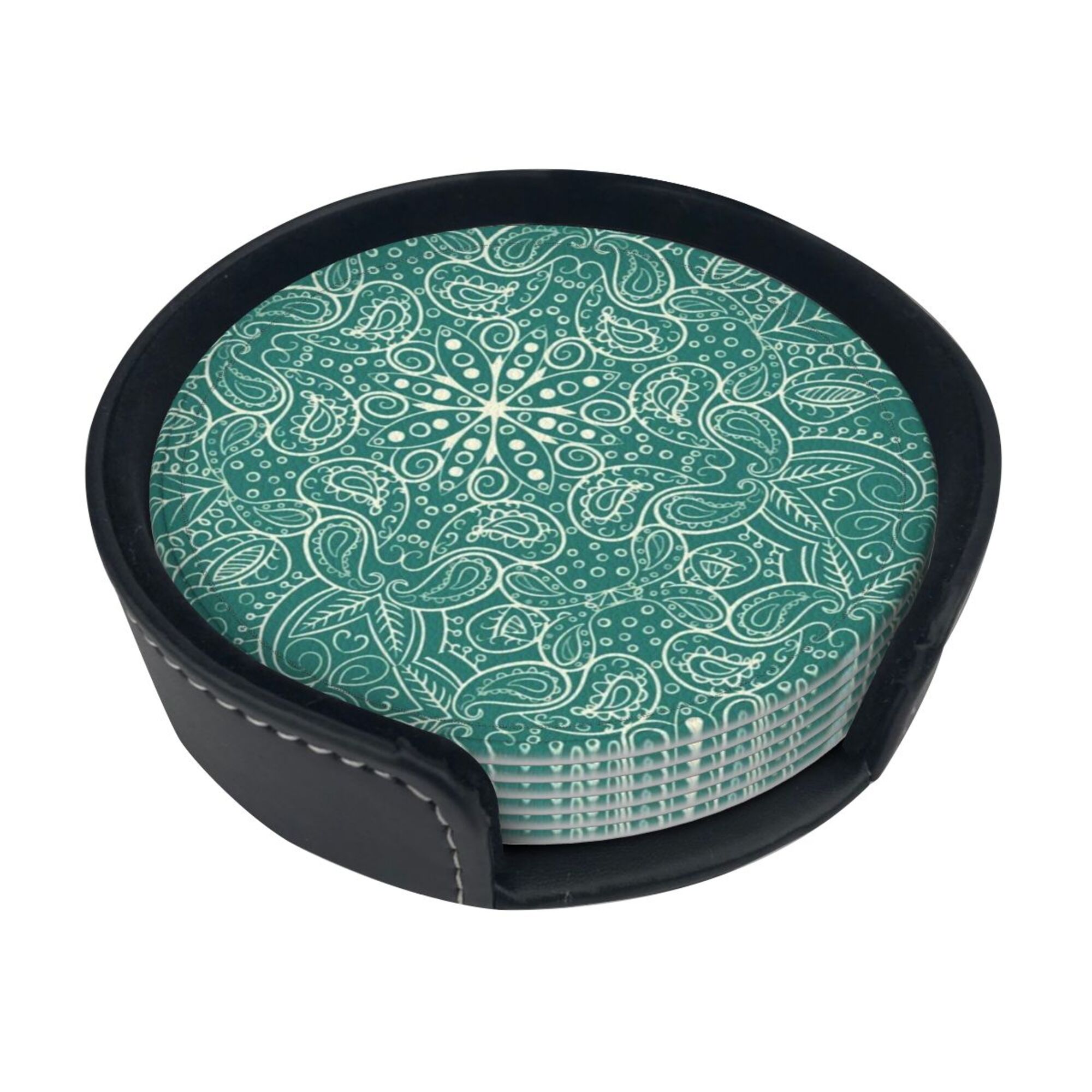 Round Pu Leather Coaster Cyan Mandala Heat - Resistant Beverage Cup Mat ...