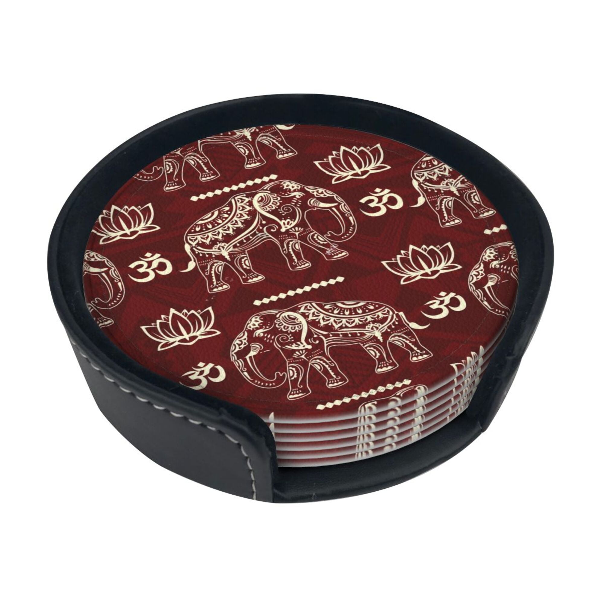 Round Pu Leather Coaster Decorated Elephants Cloth Heat - Resistant ...