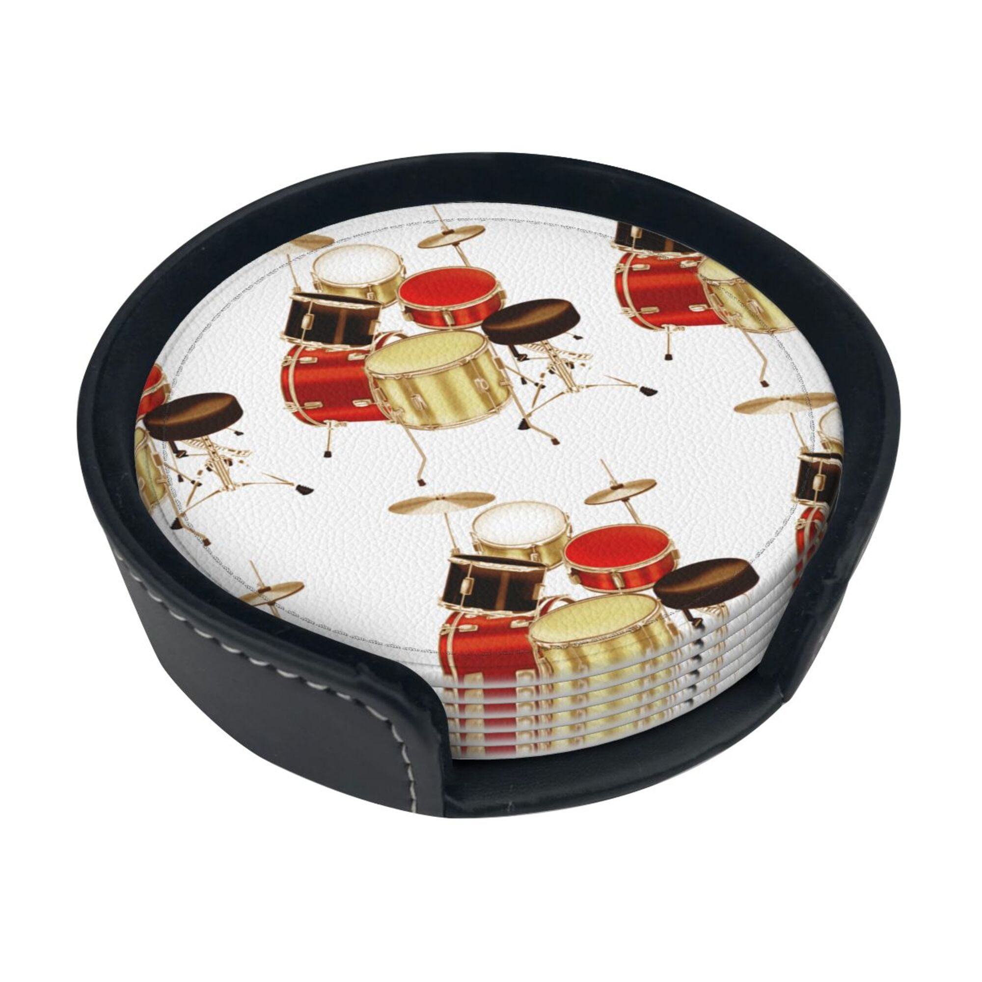 Round Pu Leather Coaster Drum Set Heat - Resistant Beverage Cup Mat ...