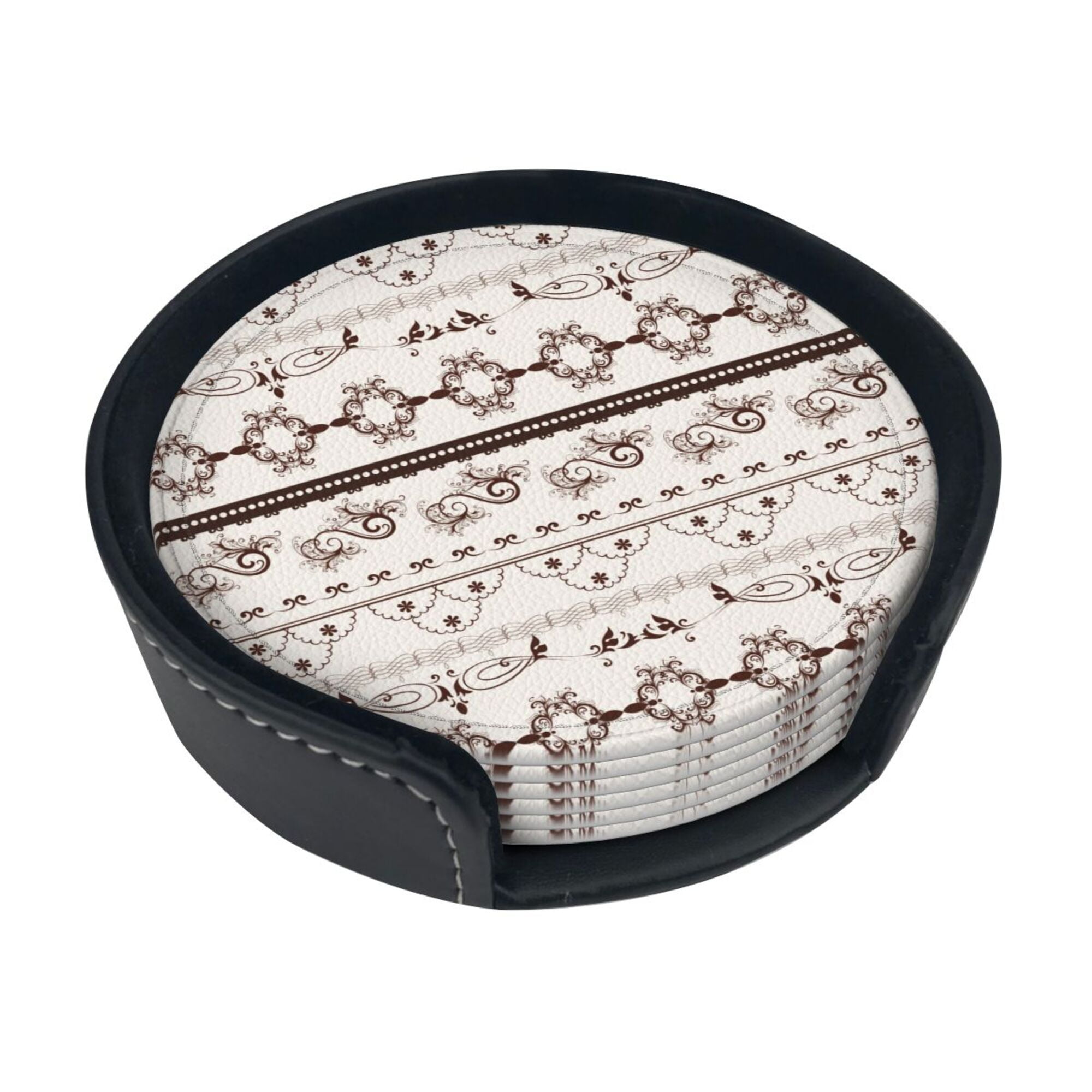 Round Pu Leather Coaster European Floral Border Pattern Heat ...