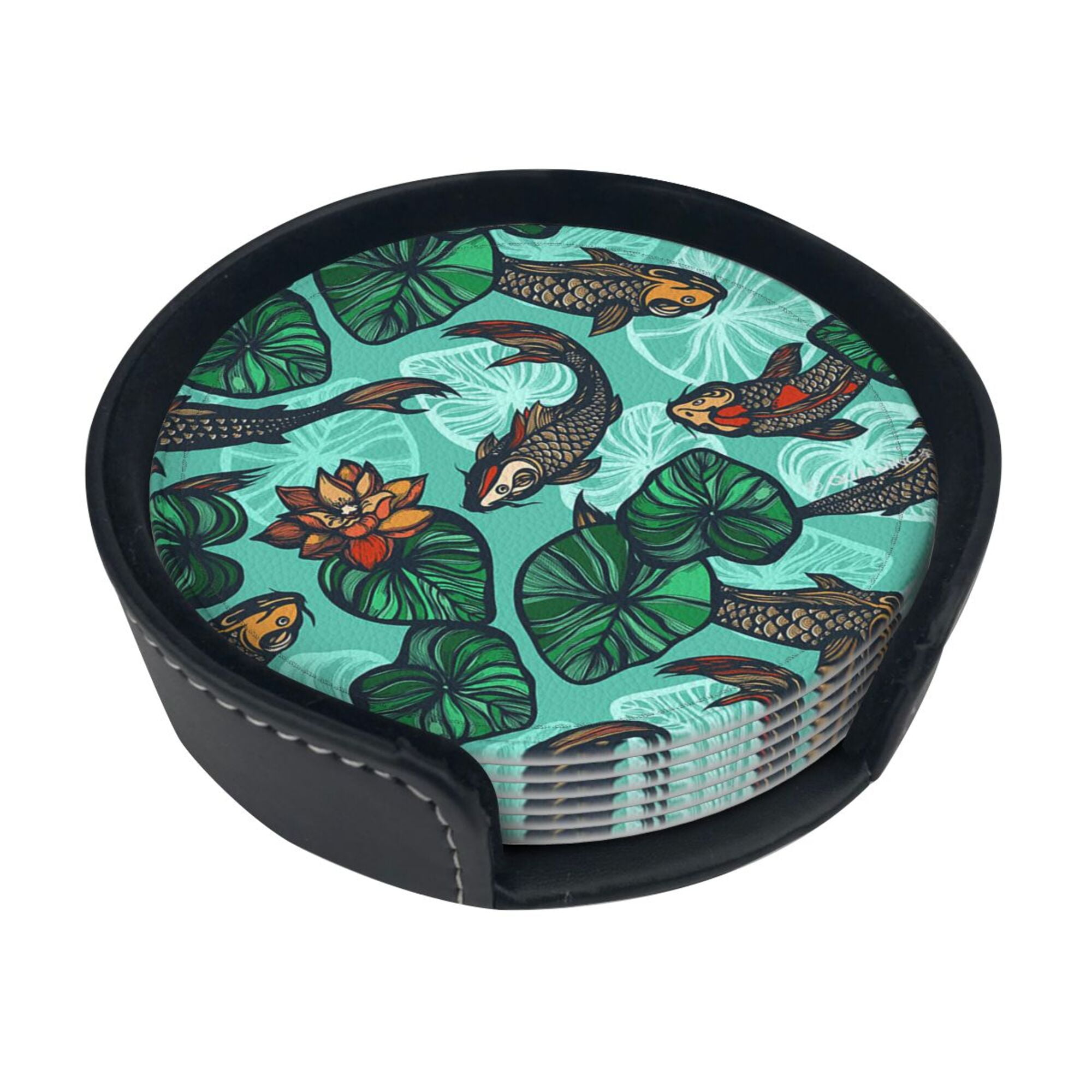 Round Pu Leather Coaster Fish Flowers Heat - Resistant Beverage Cup Mat ...