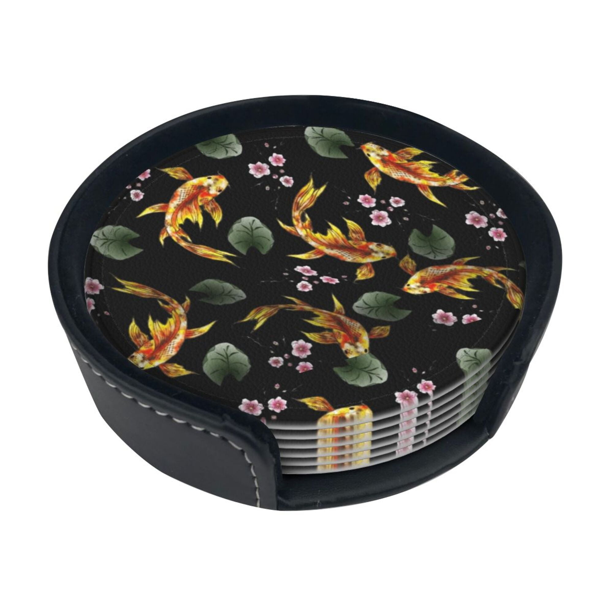Round Pu Leather Coaster Gold Fish And Cherry Blossoms Heat - Resistant ...