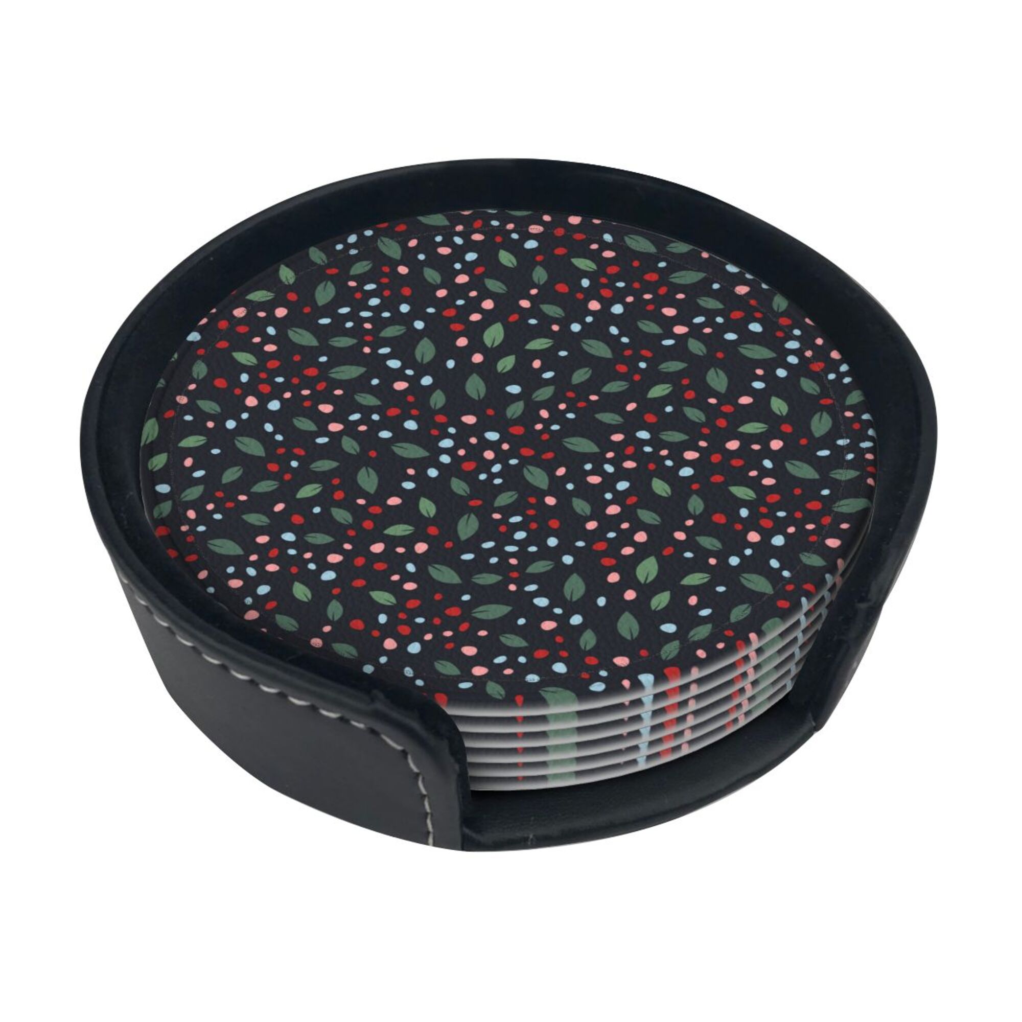 Round Pu Leather Coaster Leaves Patterns Heat - Resistant Beverage Cup ...