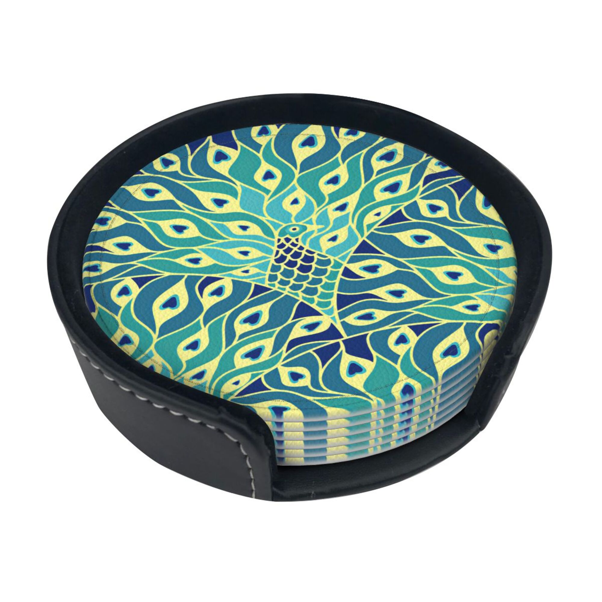 Round Pu Leather Coaster Peacock Art Deco Heat - Resistant Beverage Cup ...