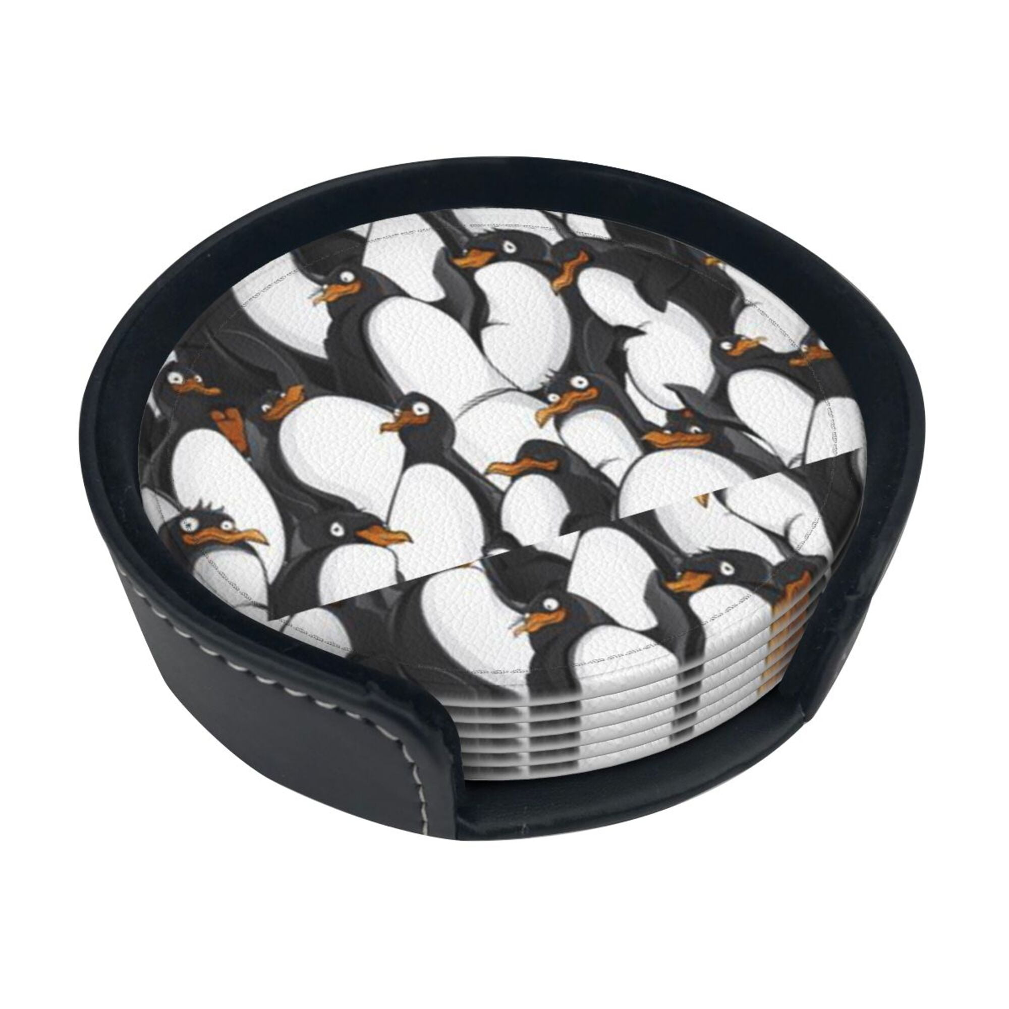 Round Pu Leather Coaster Penguins Heat - Resistant Beverage Cup Mat ...