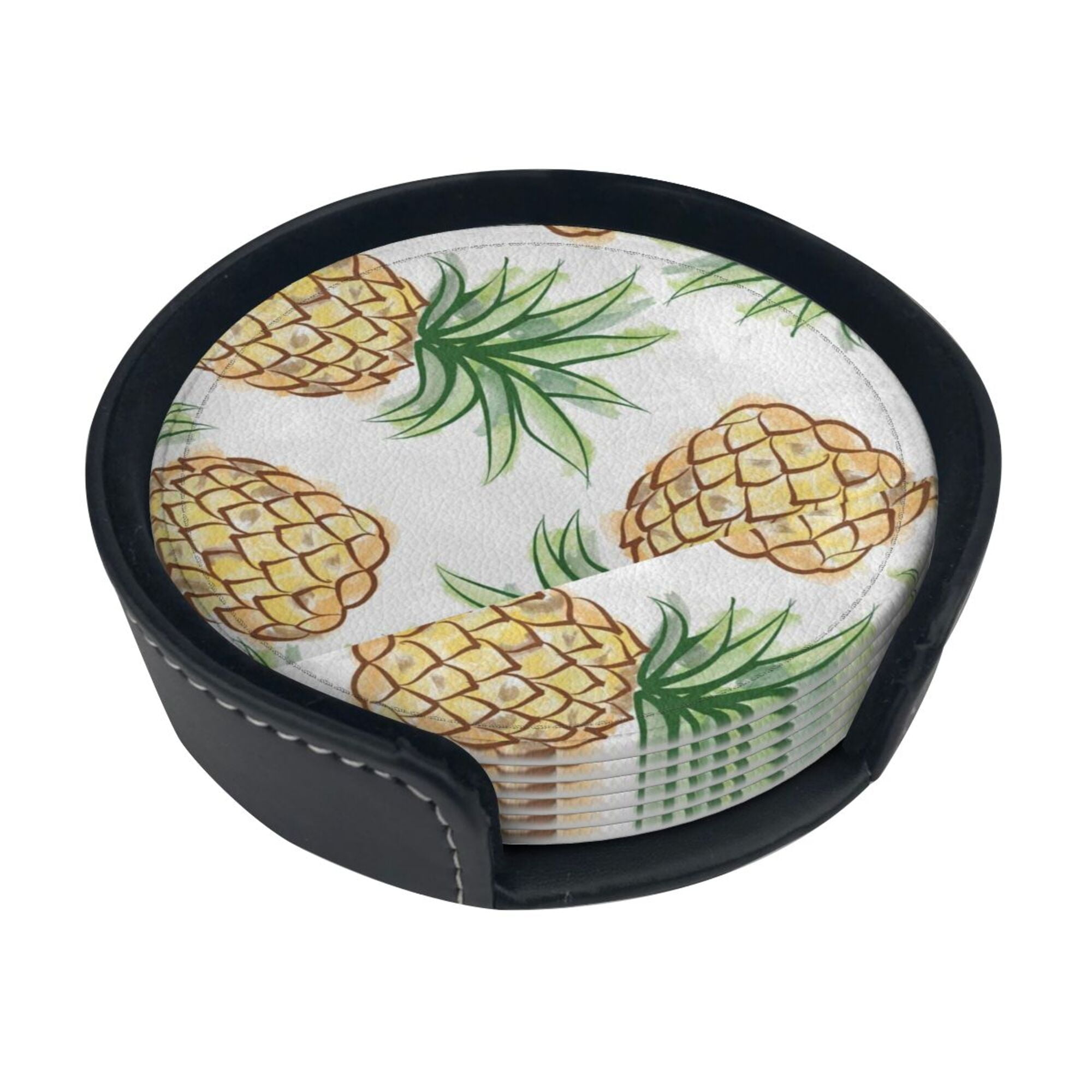 Round Pu Leather Coaster Pineapple Watercolor Exotic Tropical Heat ...