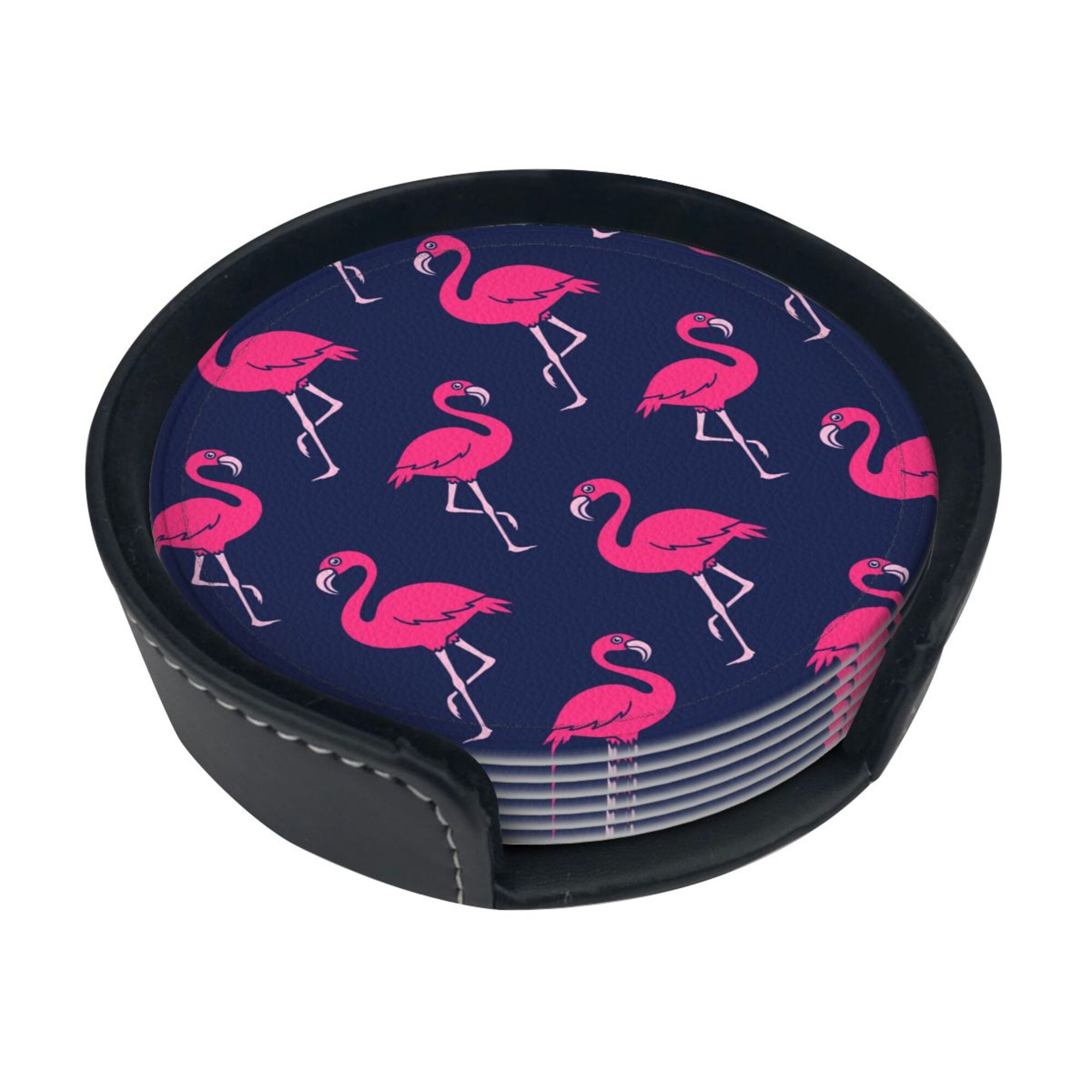 Round Pu Leather Coaster Pink Flamingo Heat - Resistant Beverage Cup ...