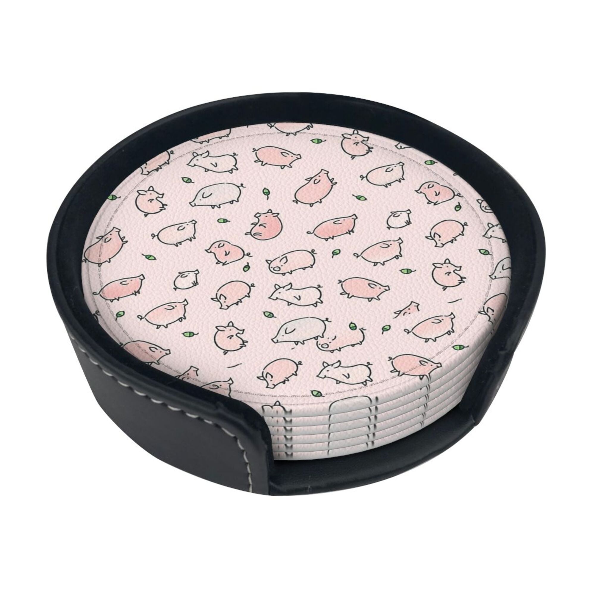 Round Pu Leather Coaster Pink Pigs Heat - Resistant Beverage Cup Mat ...