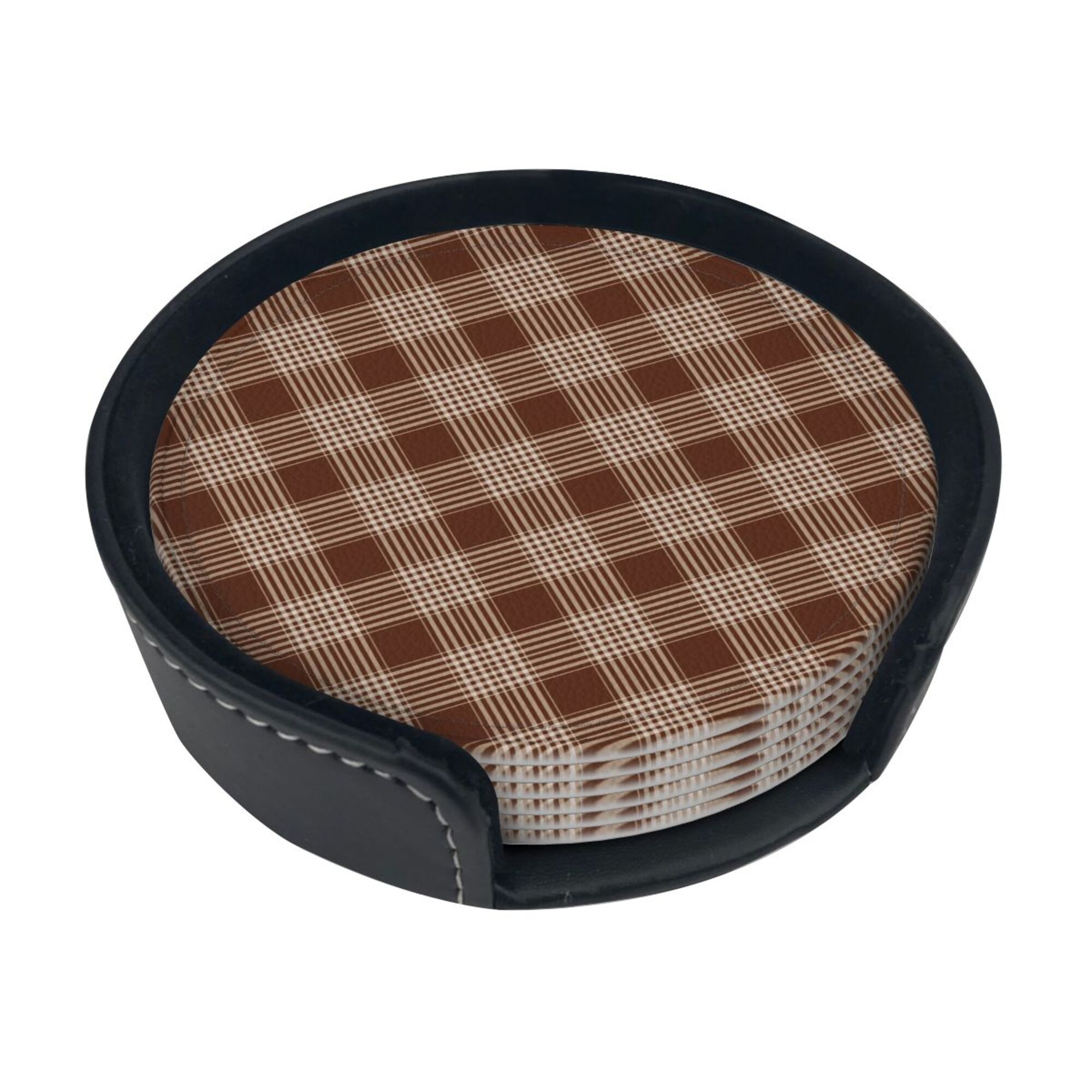 Round Pu Leather Coaster Plaid Background Heat - Resistant Beverage Cup ...