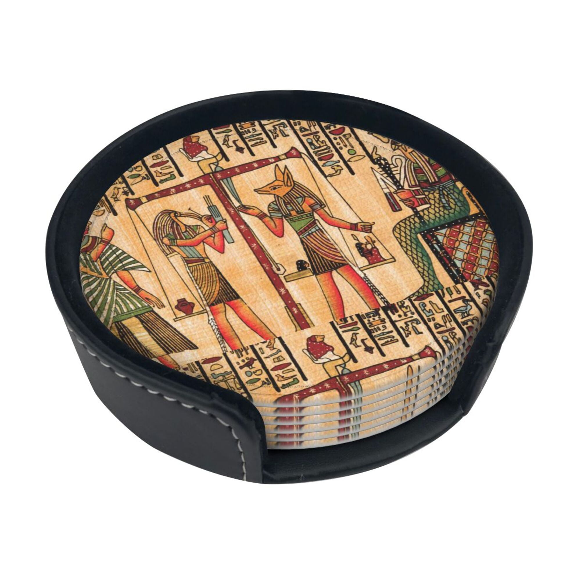 Round Pu Leather Coaster Retro Antique Egyptian Papyrus Heat ...