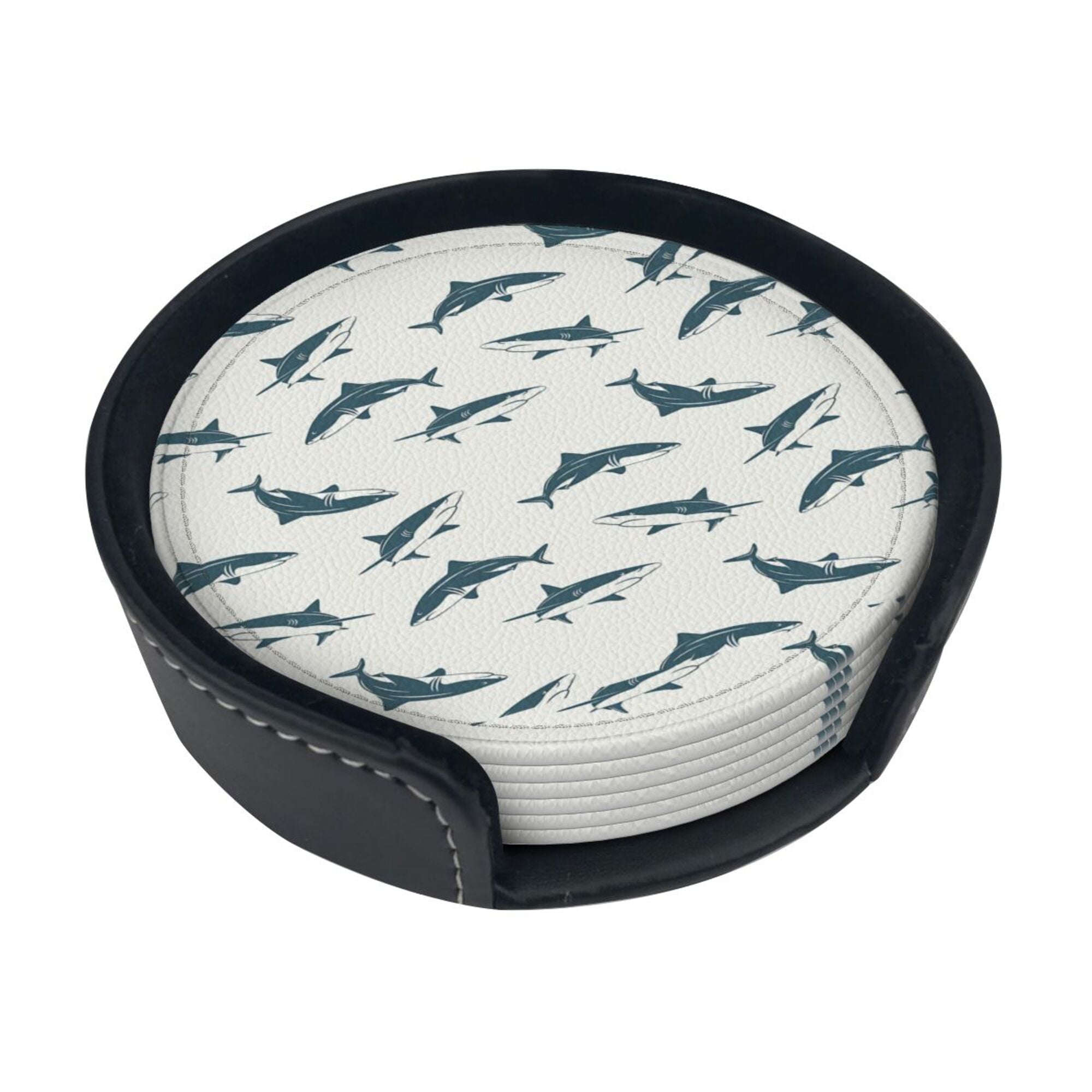 Round Pu Leather Coaster Shark Dangerous Underwater Pressure Heat ...