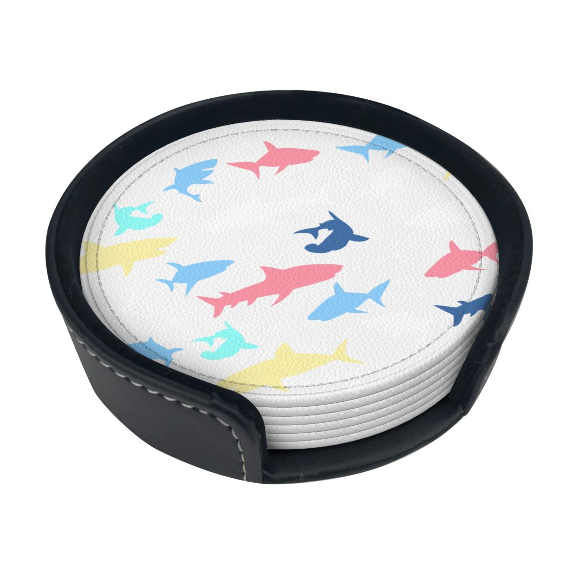 Round Pu Leather Coaster Shark Heat - Resistant Beverage Cup Mat-Fancy ...