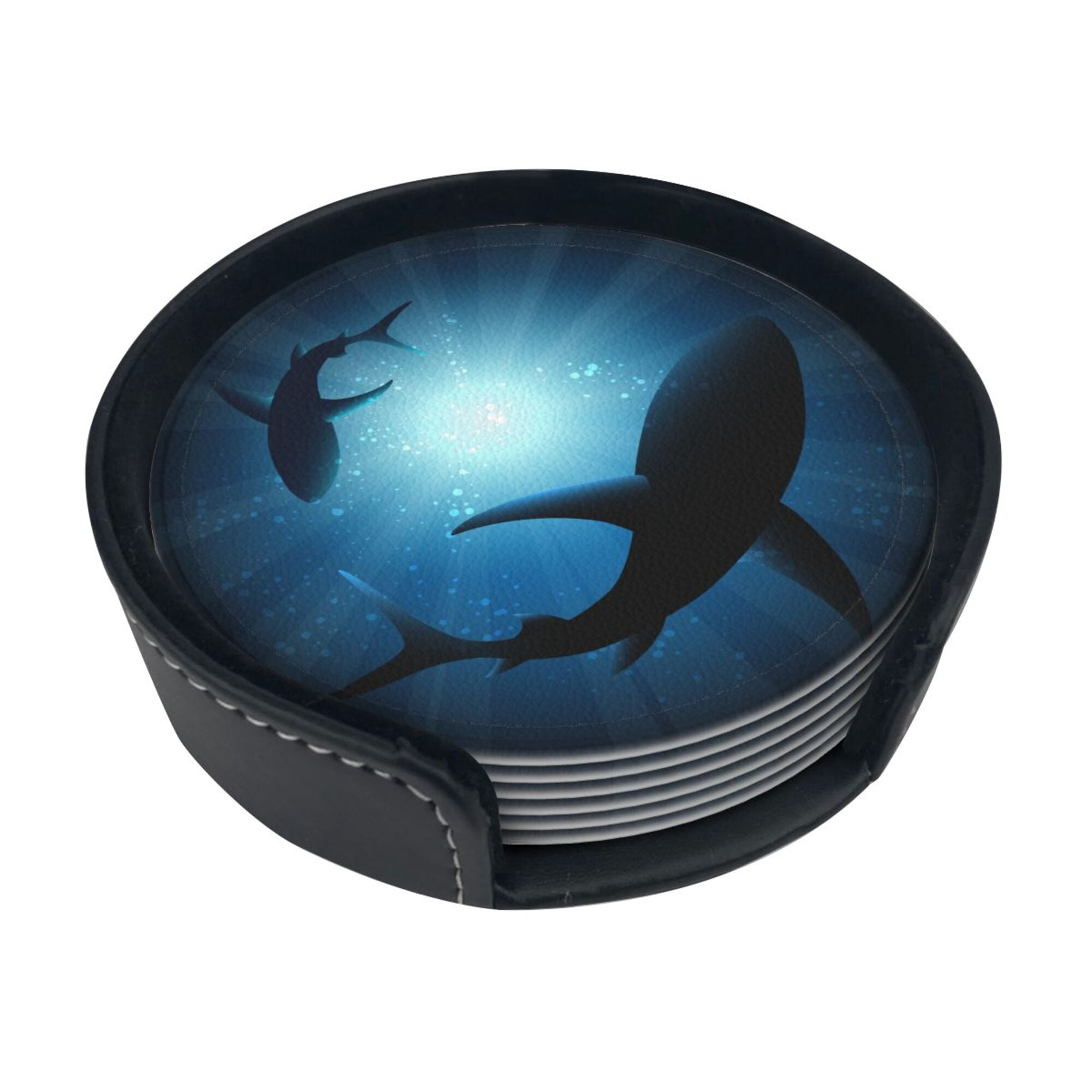 Round Pu Leather Coaster Sharks Under Water Heat - Resistant Beverage ...